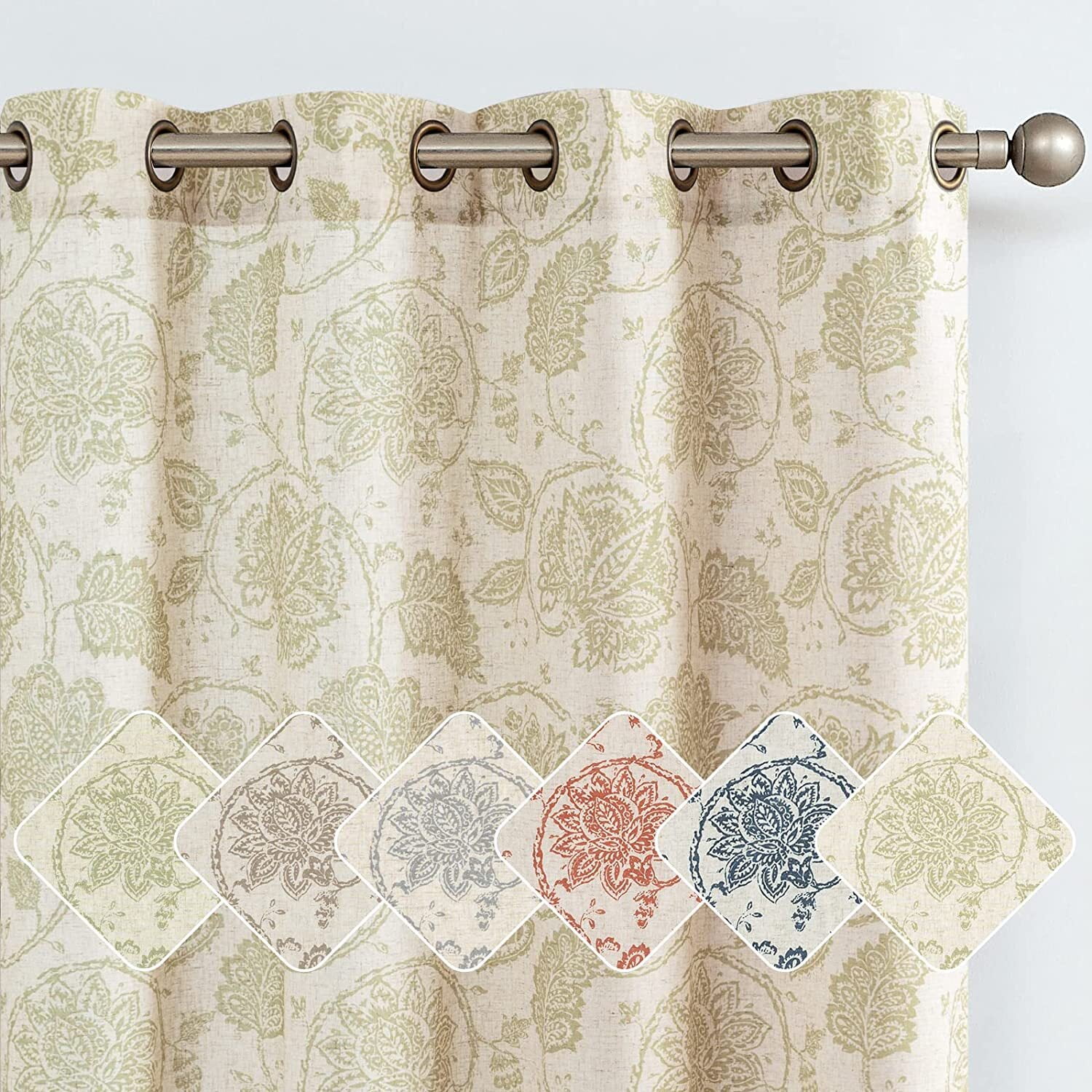 JINCHAN Linen Floral Printed Curtains Grommet Top Scroll Medallion ...