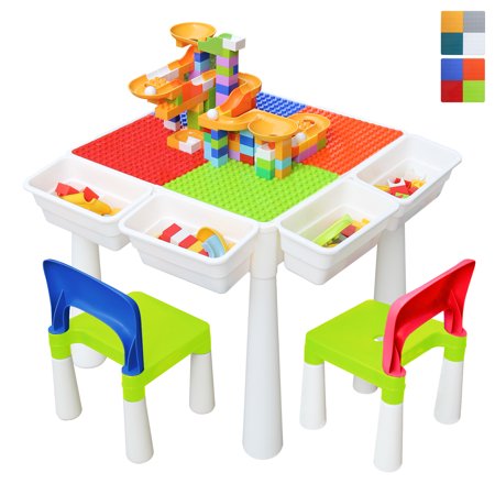 XJD 7 in 1 Multi Kids Activity Table Set with 2 Chairs and 100 Pcs Large Size Blocks Compatible ...