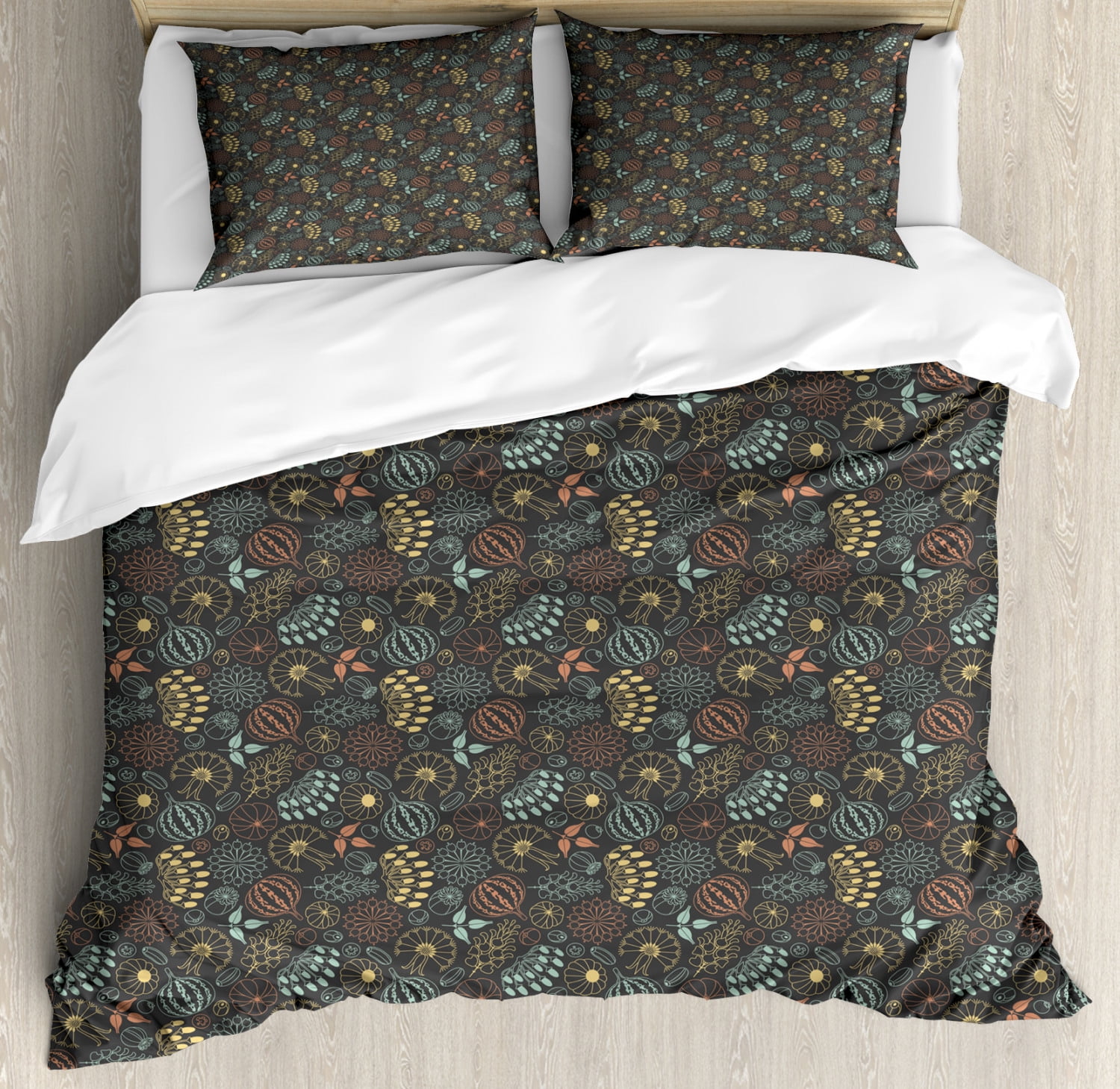 Botanical Duvet Cover Set King Size, Colorful Outline Drawing of ...