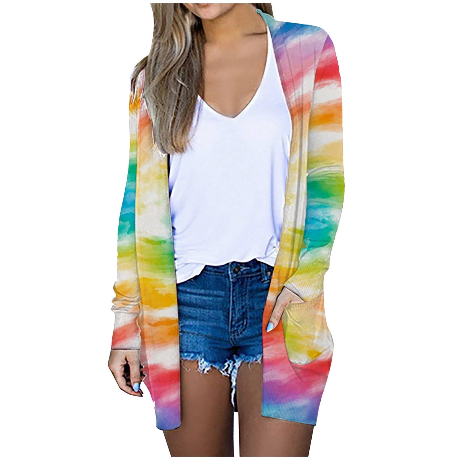 JGGSPWM Women Colorful Tie Dye Rainbow Cardigans Long Sleeve Shirts V ...