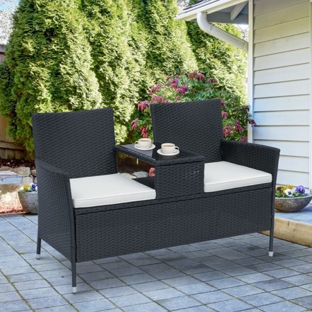 2 Seat Rattan Wicker Chair Bench with Tea Table All Weather Padded Seat ...