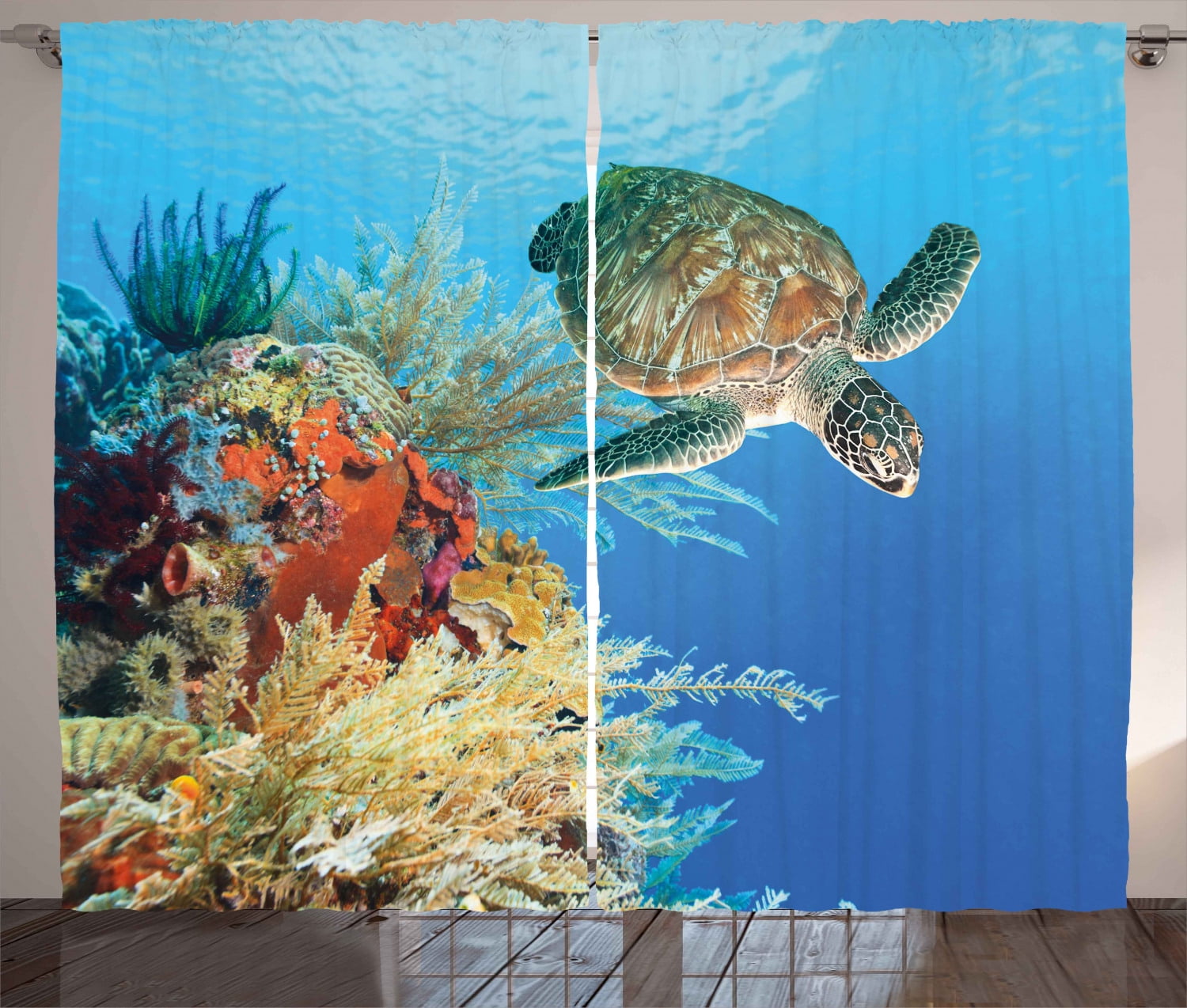 Turtle Curtains 2 Panels Set, Colorful Underwater with Turtle Swimming ...