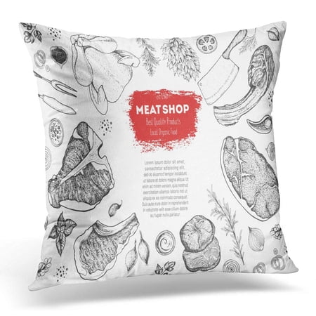 BOSDECO Retro Meat Top View Engraved Design Pieces of Sketch Pillowcase ...