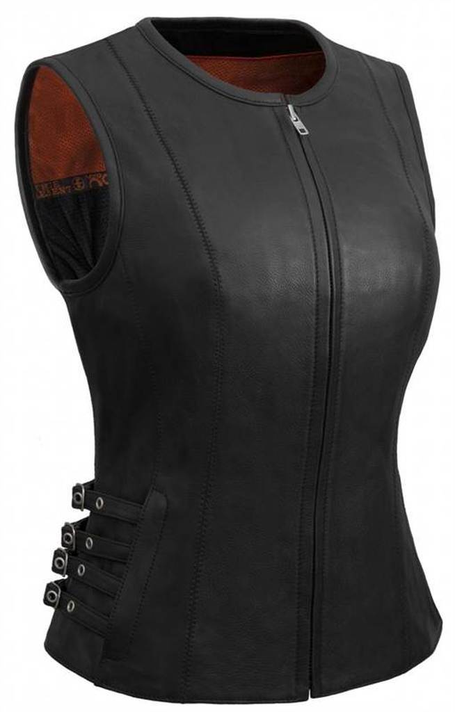 True Element Women's Side Buckled Zip Front Leather Vest (Black, Size L ...