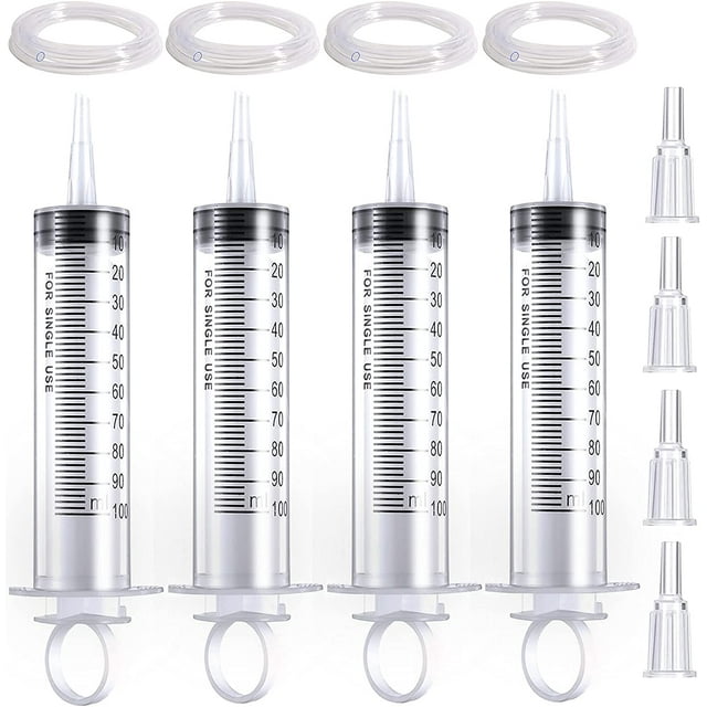 4 PCS 100 ml Syringes, Large Plastic Syringe Garden Syringe Measuring Syringe Tools with 3.2 ft ...