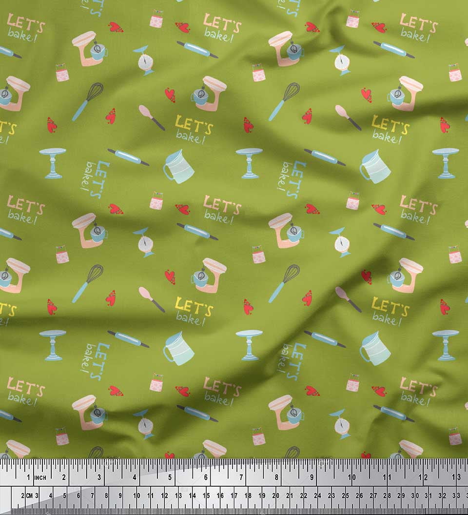 Soimoi Green Velvet Fabric Lets Bake Kitchen Print Fabric by the Yard ...