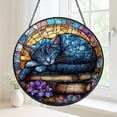 Blue Cat and Book Glass Suncatcher Window Hanging, Ghost Reading Scene ...