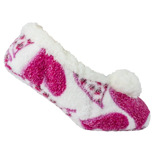 Super Fuzzy Pink Hearts Slipper Sock W Poms M/L - Walmart.com