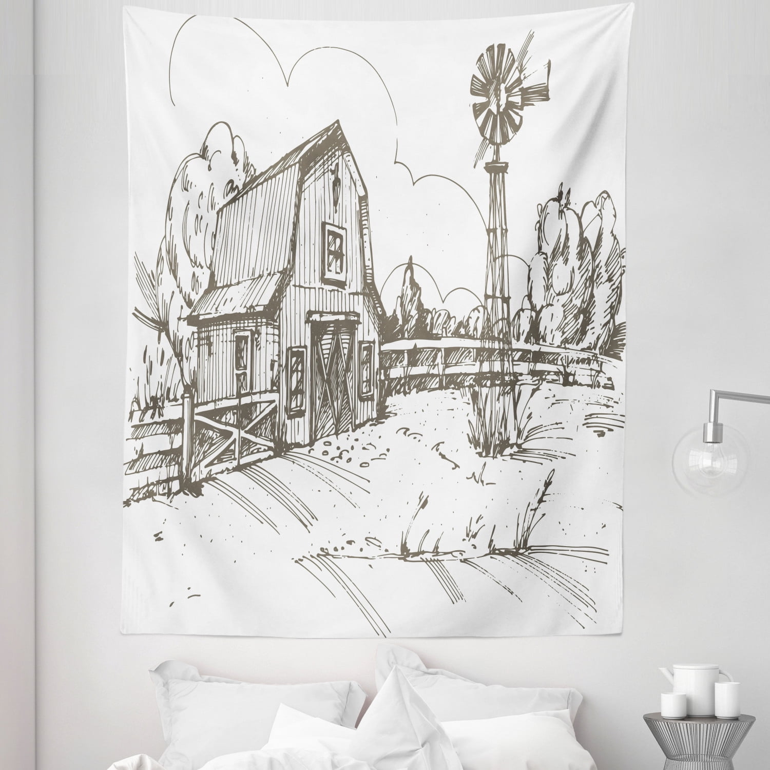 Windmill Tapestry, Rustic Barn Farmhouse Hand Drawn Illustration ...