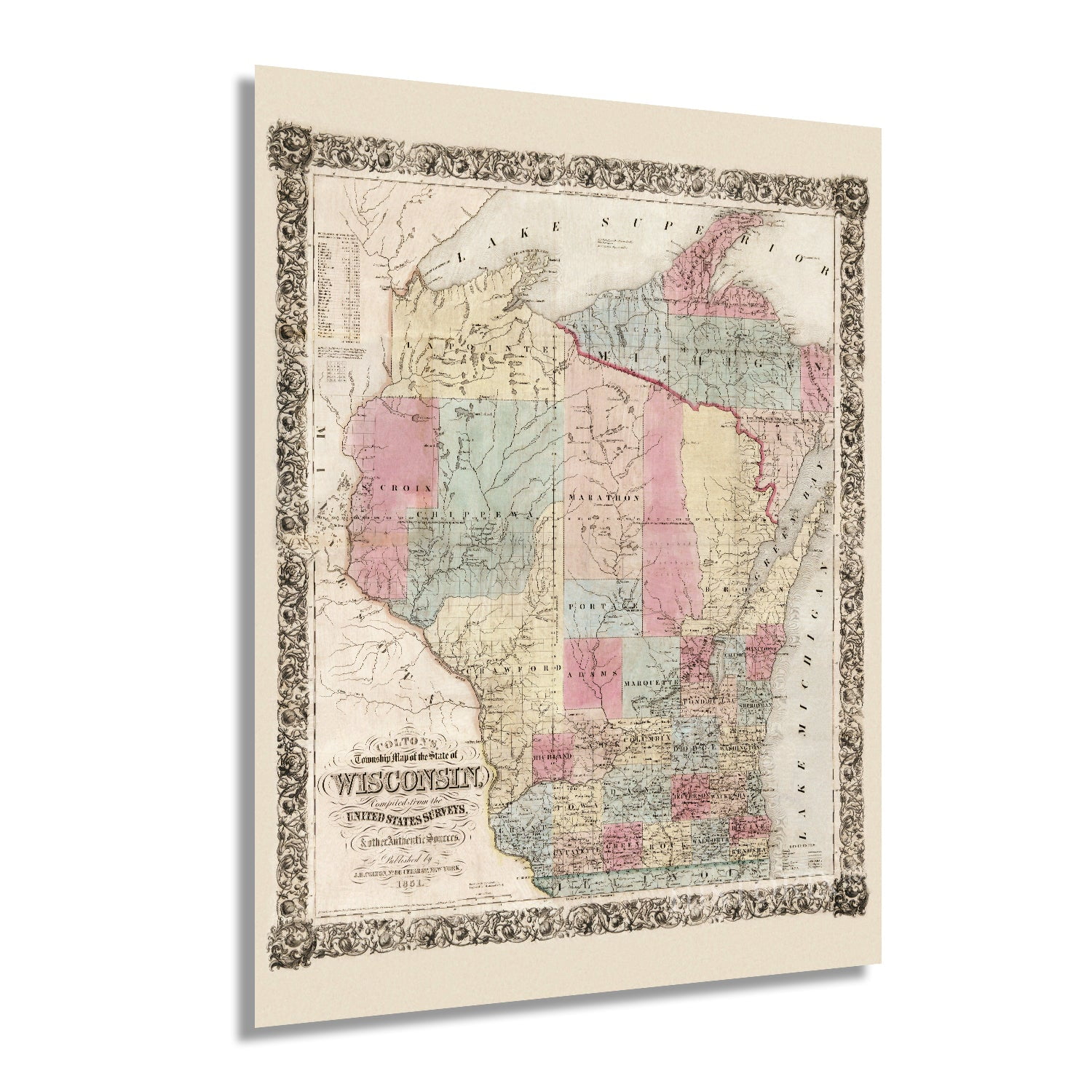 1851 Wisconsin Map Poster - Vintage Map of Wisconsin Wall Art - Old ...
