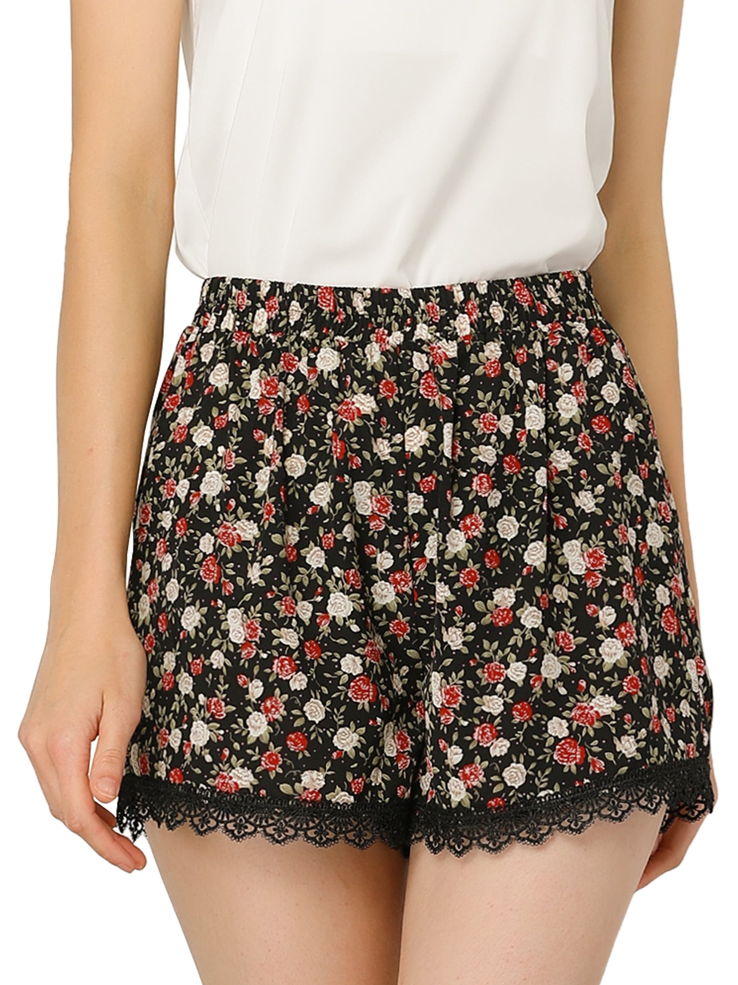 Allegra K Women's Floral Printed Lace Trim Elastic Waist Shorts ...