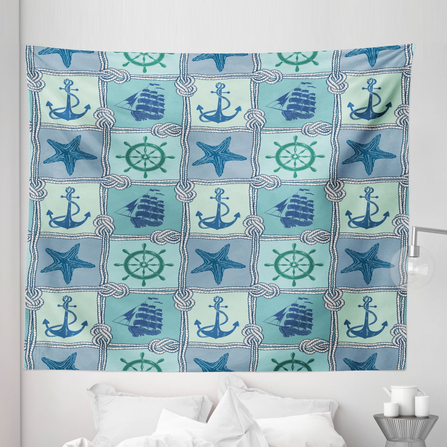 Anchor Tapestry, Nautical Patchwork Pattern Starfish Sailing Ship ...