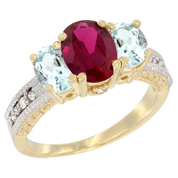 14K Yellow Gold Diamond HQ Ruby Ring Oval 3-stone with Aquamarine, size ...