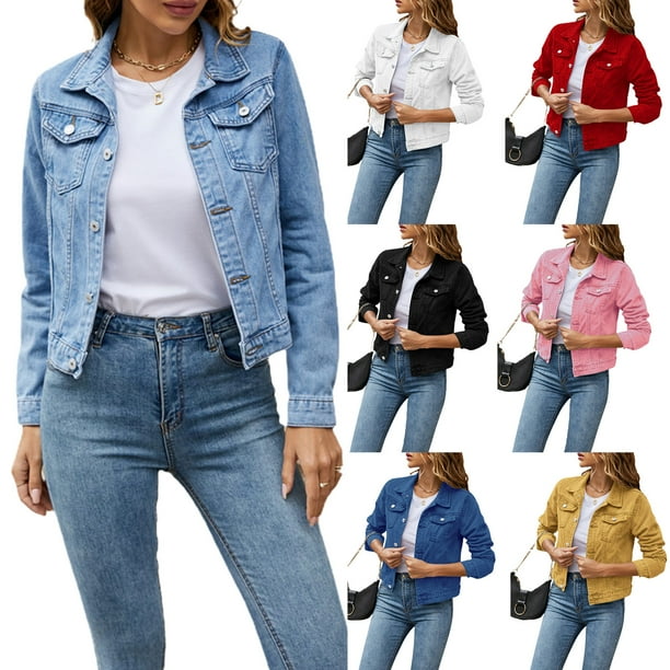 Women's Denim Jackets Fashion Casual Long Sleeve Solid Color Coat ...