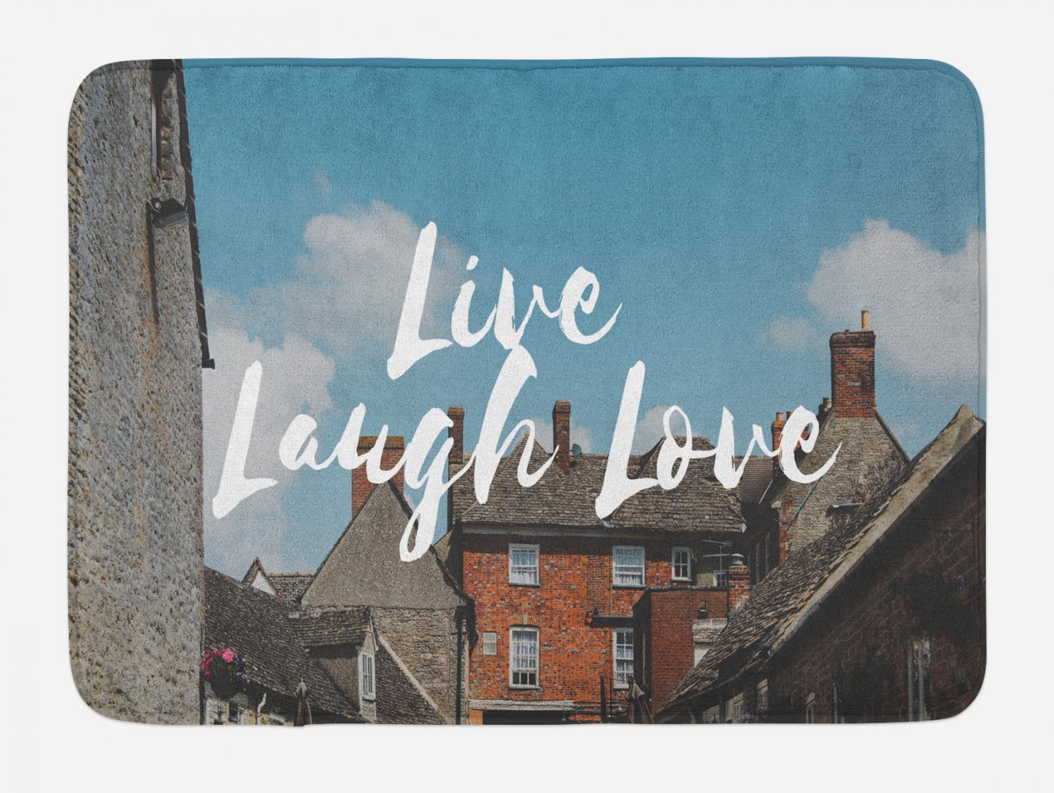 Live Laugh Love Bath Mat, Rustic Country Houses with brick Composition ...