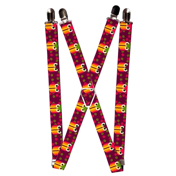 Bright Colorful Striped Owls on Purple and Polka Dots Suspenders ...