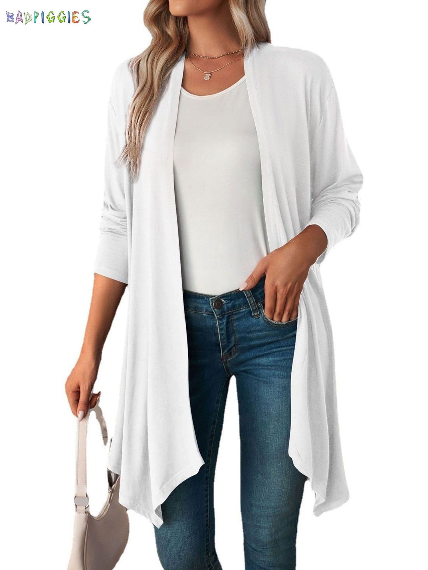 BadPiggies Women's Draped Open Front Cardigan Casual Long Sleeve ...