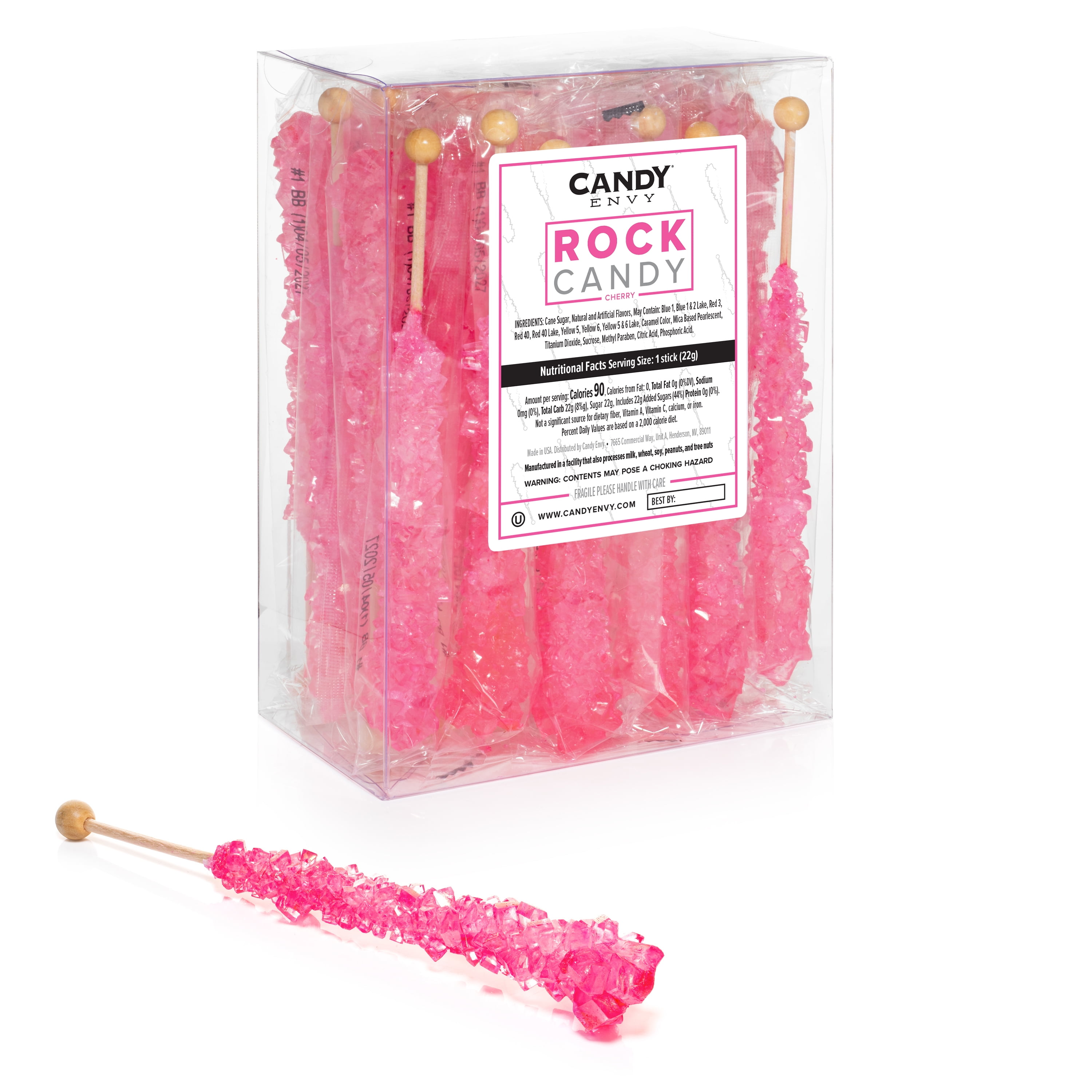 Candy Envy Pink Rock Candy, Cherry Flavored, 48 Count Individually ...