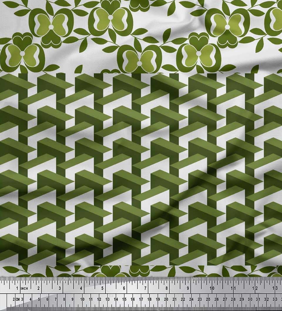 Soimoi Satin Silk Fabric Geometric Cube,Leaves & Floral Artistic Print ...