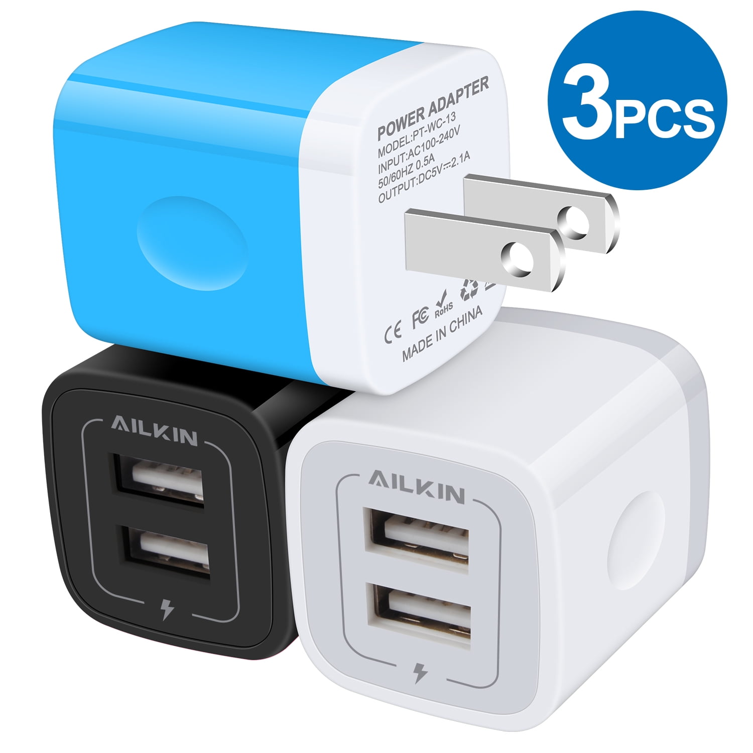 USB Charger Block,Phone Charger Adapter,AILKIN 3Pack 2.1Amp Dual Port ...