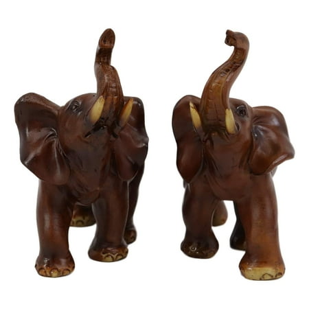 Ebros Faux Wood Feng Shui Elephant with Trunk Up Statue Set of 2 Thai ...