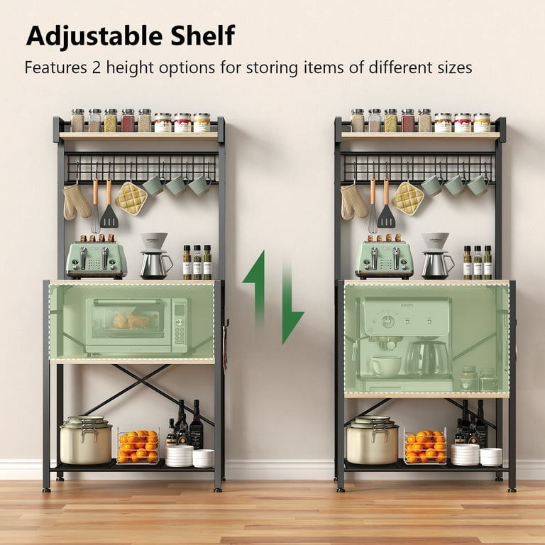 Biemlerfn Kitchen Bakers Rack with Hutch 4 Tiers Coffee Bar Table with 10 Hooks and Pegboard Adjustable Microwave Stand Kitchen Storage Shelf