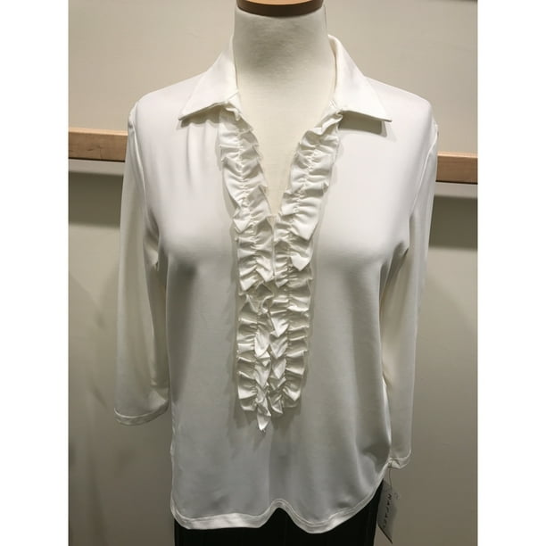 Rafael - Ivory Off White Ruffle Front Knit Top With 3/4 Sleeves (Style ...