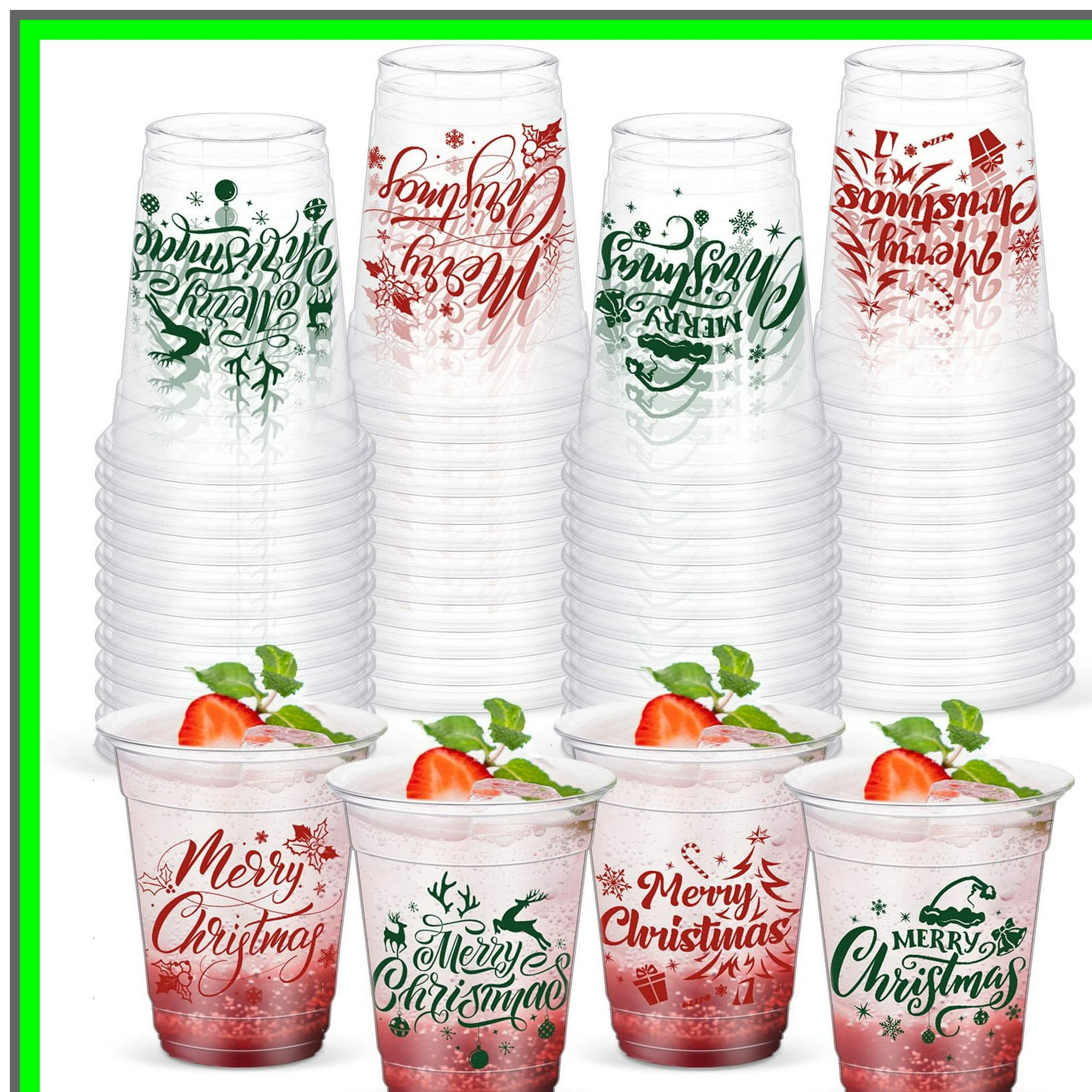 Festive 60 Pack Clear Plastic Cups for Holiday Gatherings 12 oz Disposable Drinkware in 4 Cheerful Designs Perfect for Winter Parties and Indoor