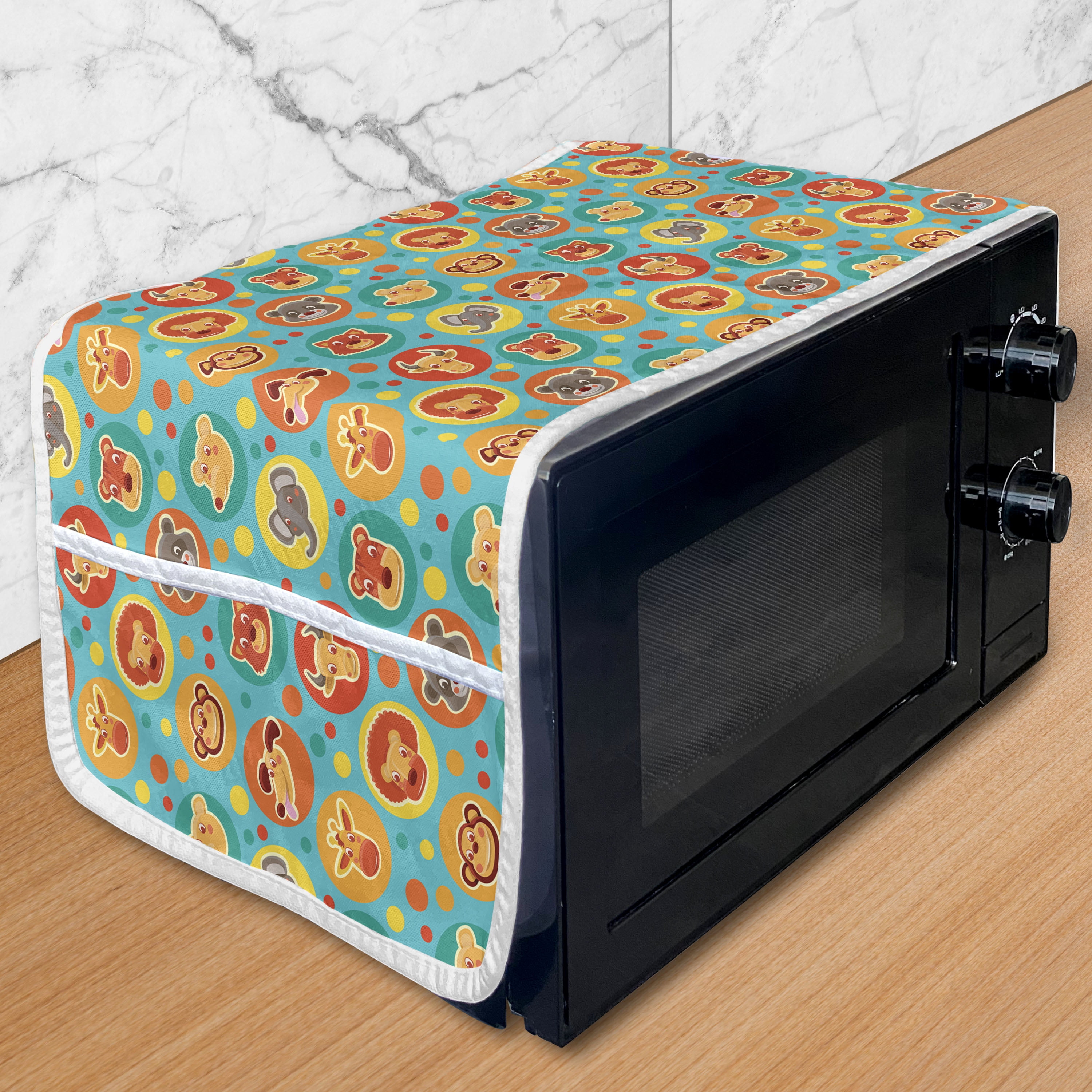 Cartoon Animal Microwave Oven Cover, Comic Animal Faces on Colorful ...