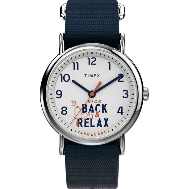 Timex X Peanuts Unisex Weekender 38mm Watch – Blue Fabric Strap Silver ...