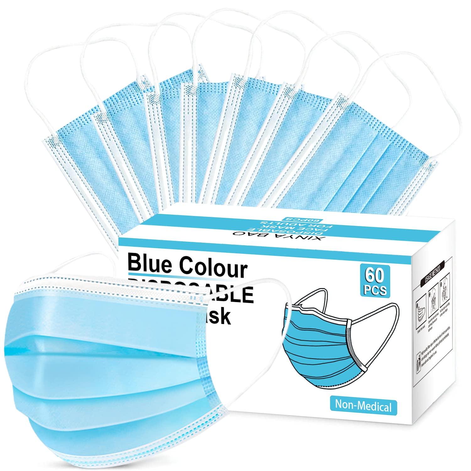 60PCS Blue Disposable Face Mask | 3-Ply Breathable Comfortable ...