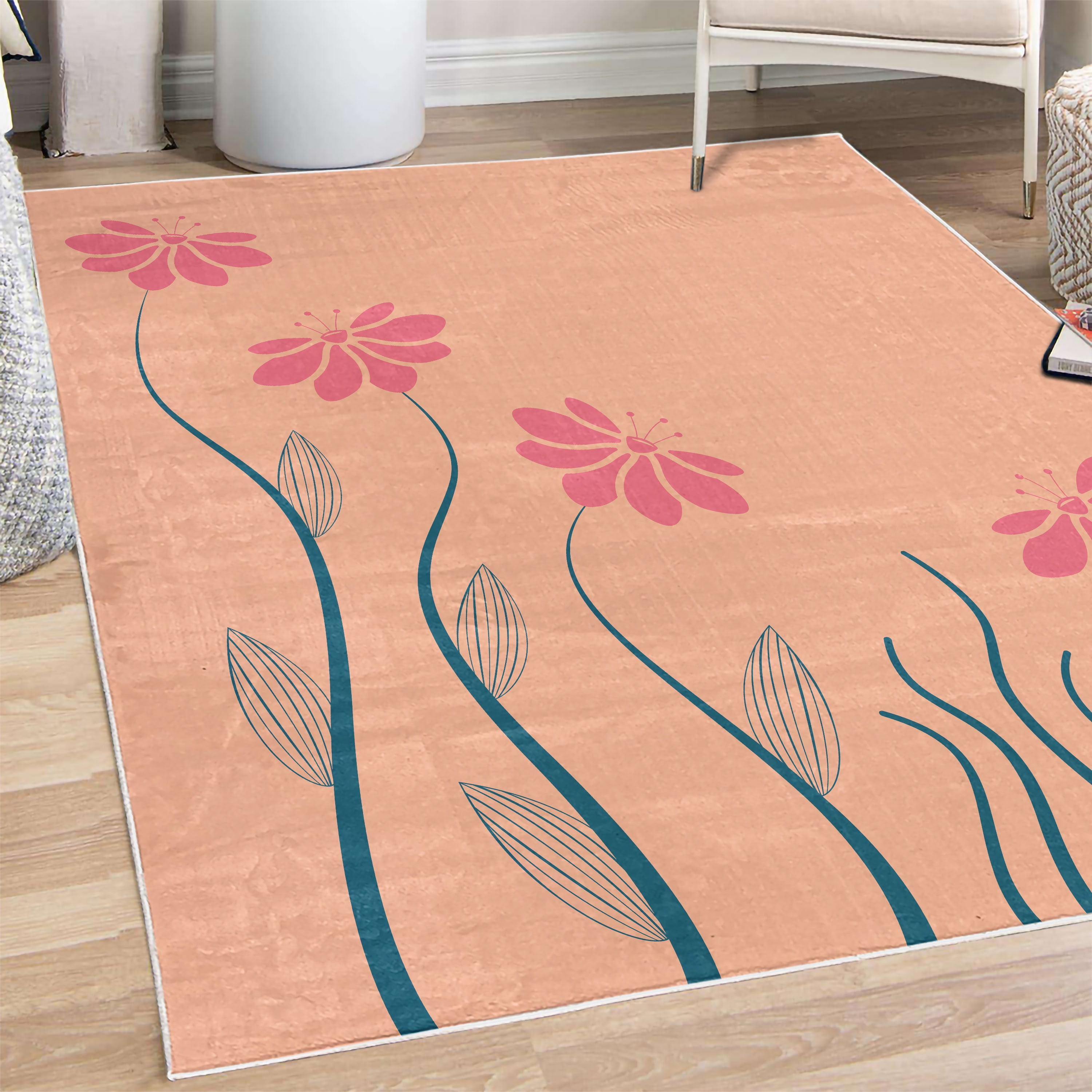 Flower Decorative Rug, Floral Petals with Striped Leaves and Lines ...