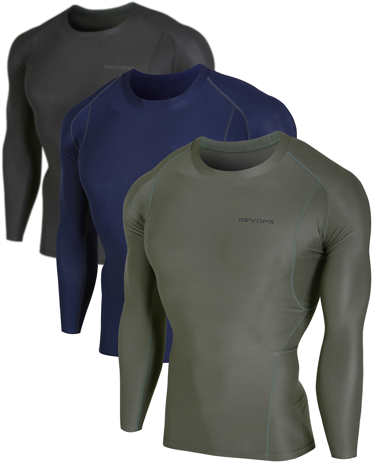 DEVOPS 3 Pack Men's Athletic Long Sleeve Compression Shirts (Large ...
