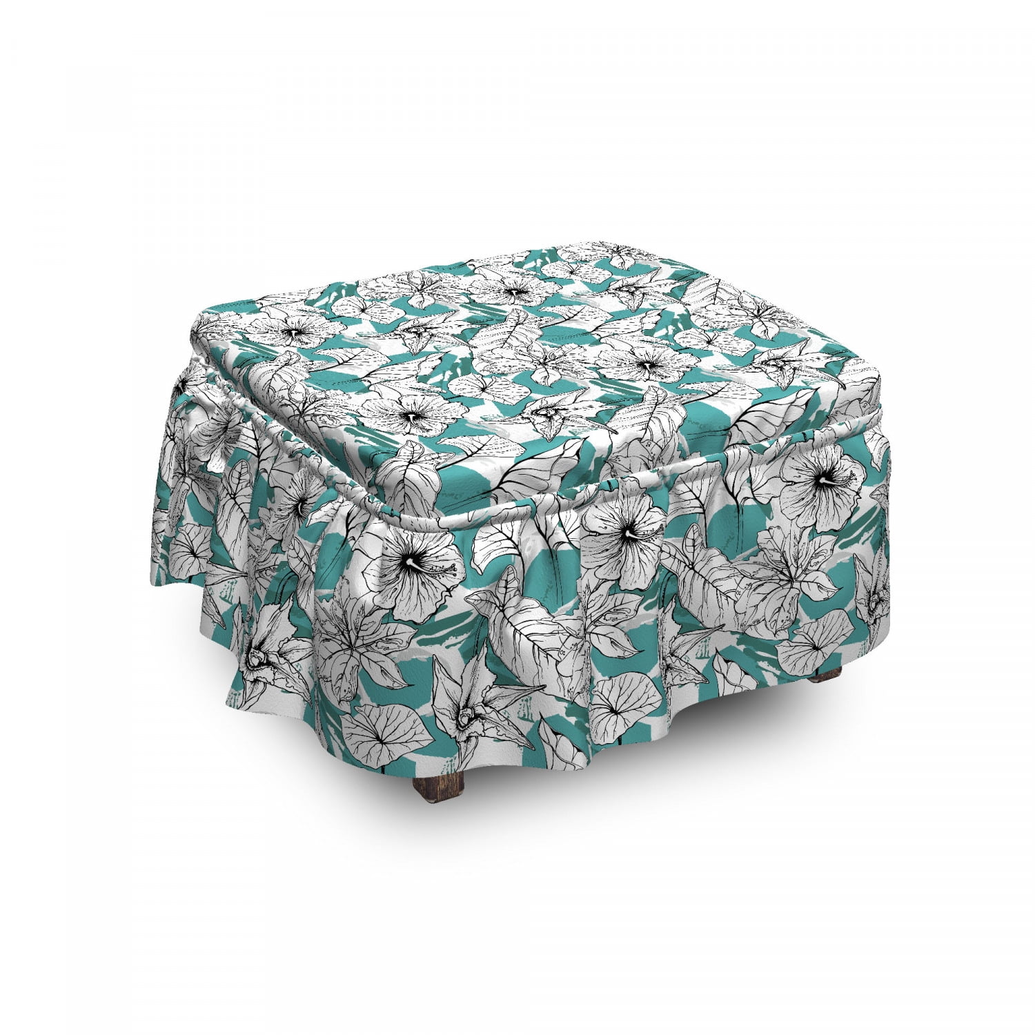 Floral Ottoman Cover, Blooming Tropical Flowers, 2 Piece Slipcover Set ...