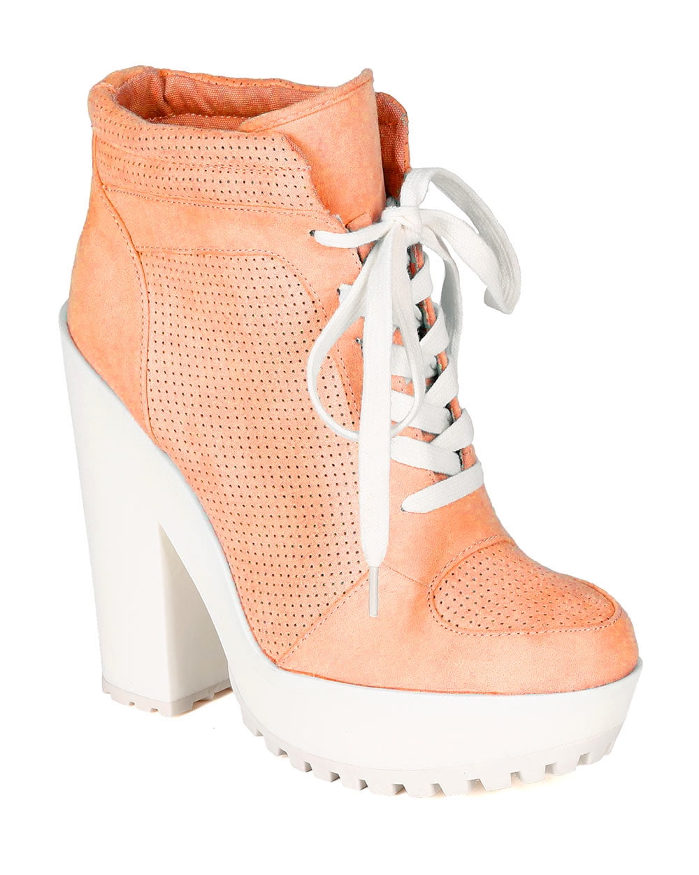 Qupid CB98 Women Suede Perforated Lace Up Lug Sole Chunky Heel Platform ...