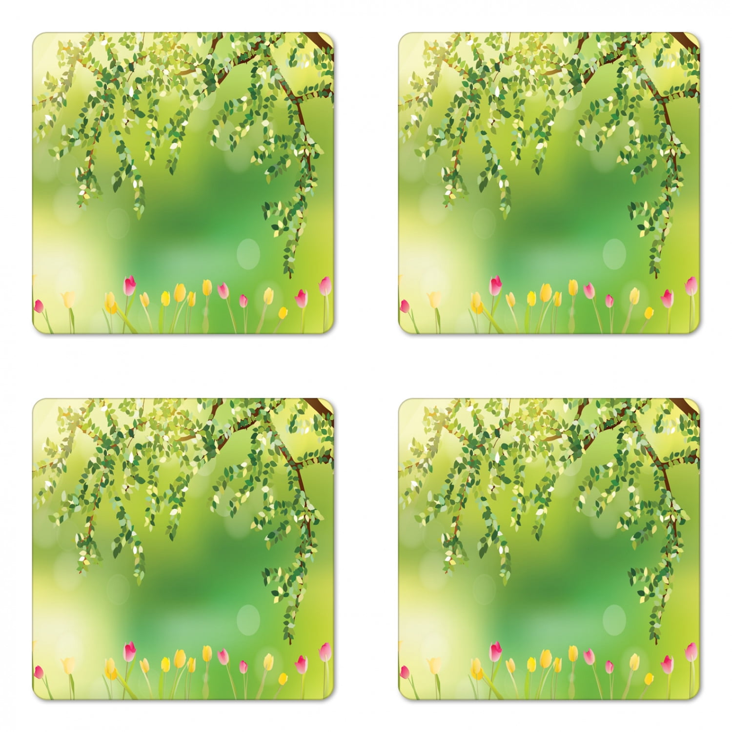Tulip Coaster Set of 4, Tulips Colored Petals Under Tree Branch in the ...