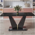 63 Inch Modern Dining Table Set for 6, Black Marble Glass Top Rectangle ...