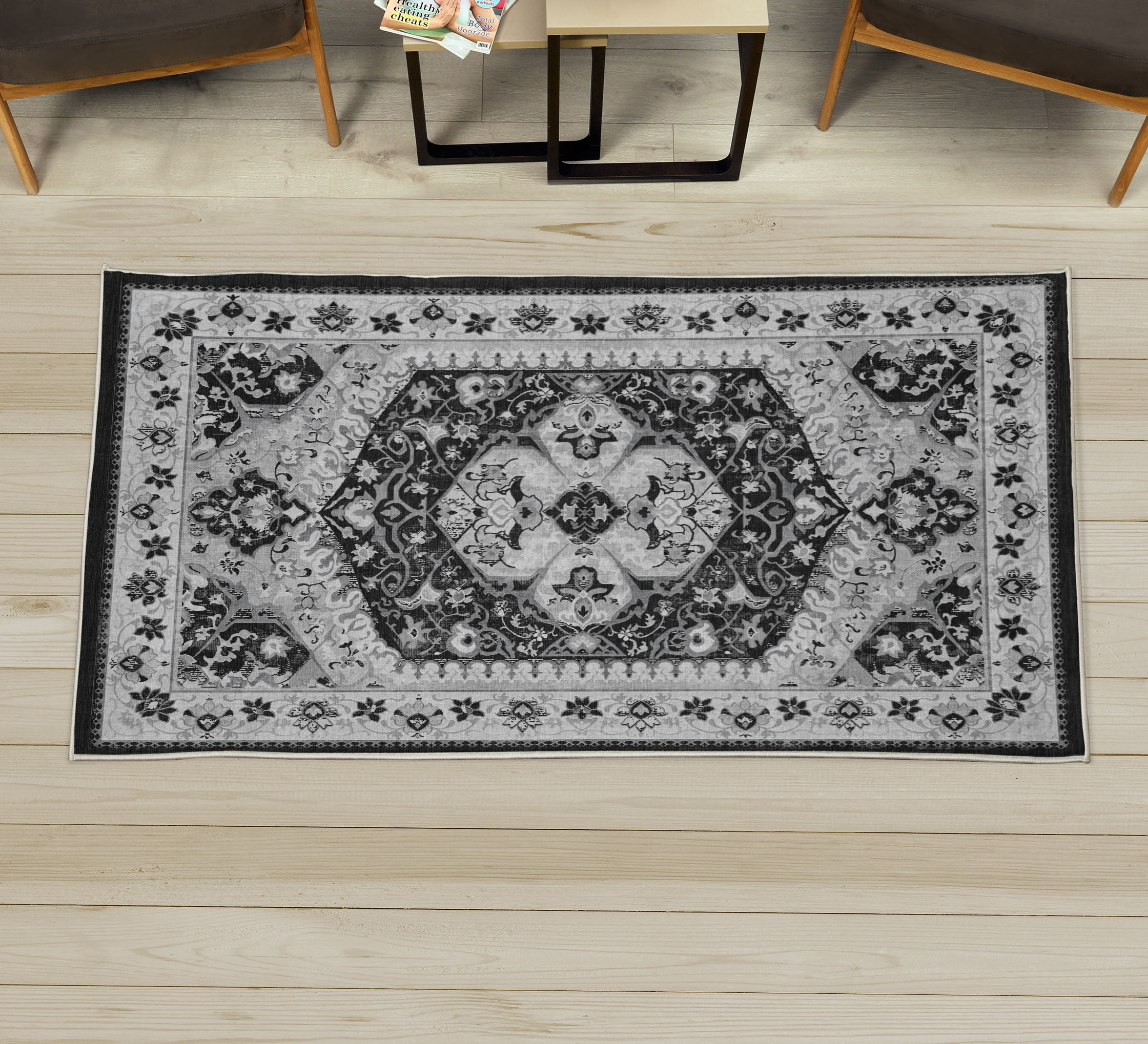 Vintage Decorative Rug, Grayscale Curlicue Design Print of Abstract ...