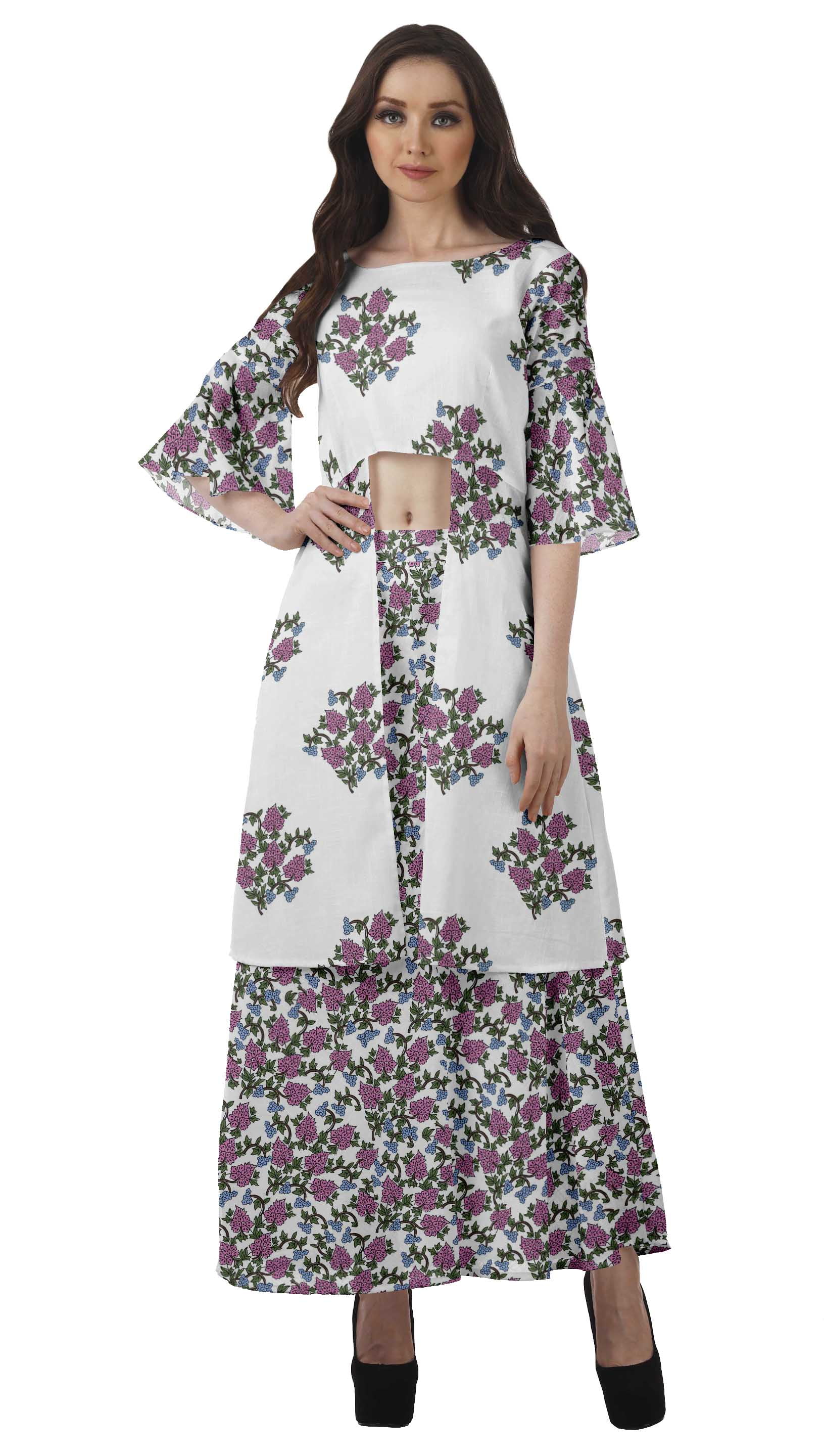 Moomaya Printed High Low Crop Top Kurti Palazzo Set Ethnic Indian ...