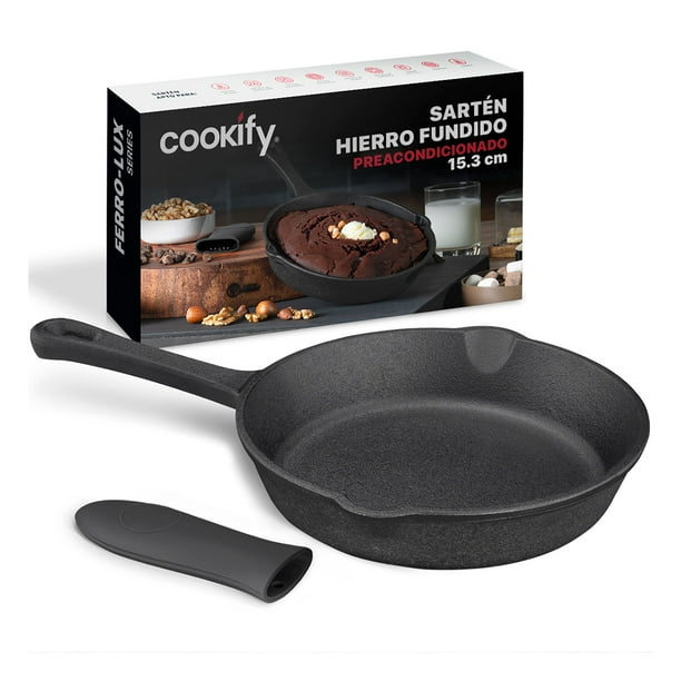 Sartén de Hierro Fundido con Funda de silicón, Distribución Uniforme de Calor Cookify (Negro, 15 ...