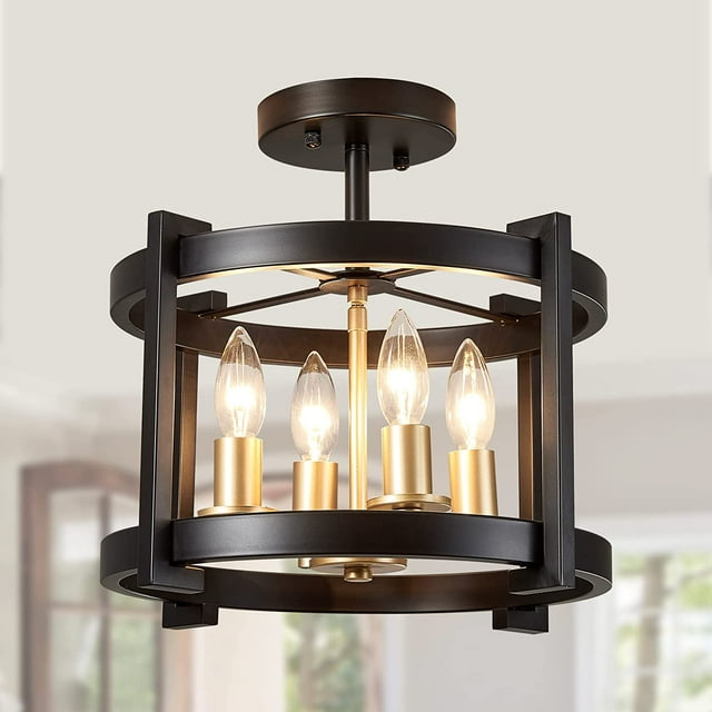 Rustic Semi Flush Mount Ceiling Light,3-Lights Retro Wood Metal Finish ...