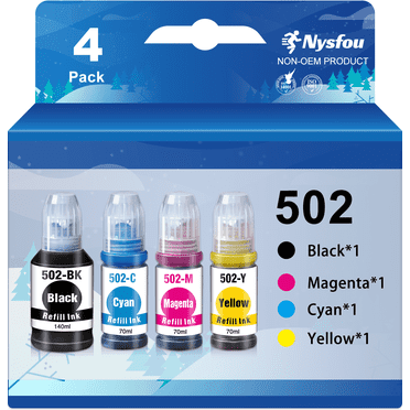 Epson 502 T502 Ecotank Refill Ink, 4 Pack for ET Series Printers (Black ...