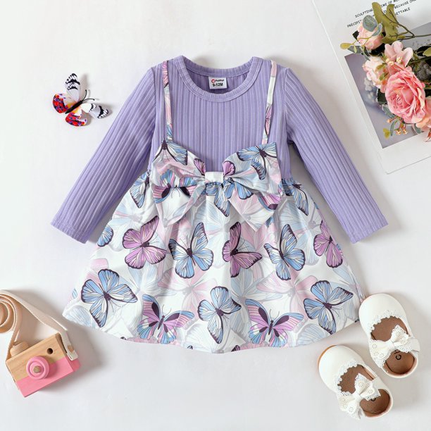 PatPat Baby Girls Strappy Dress,Infant Long Sleeve Splicing Bowknot Dress Purple Butterfly Print ...