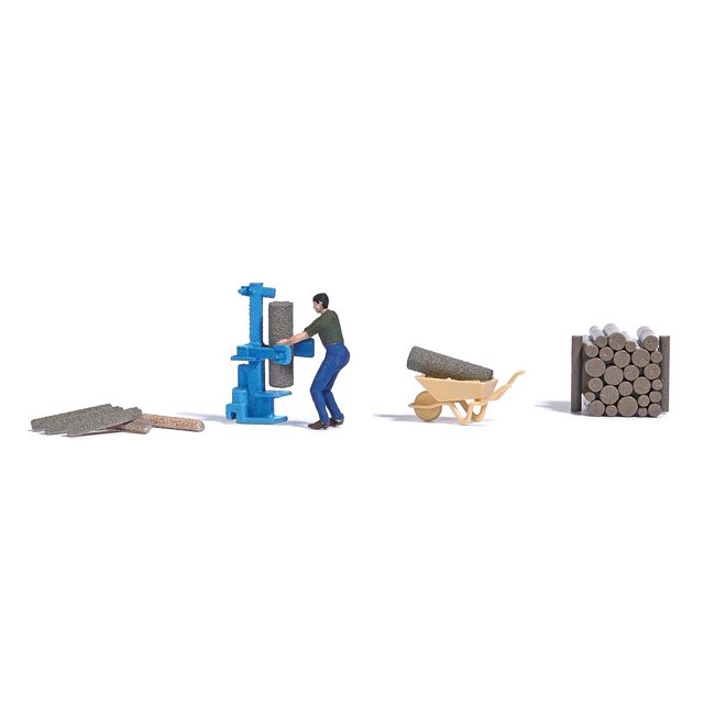 Busch HO Scale Log Splitter with Figure and Accessories (Log Pile ...