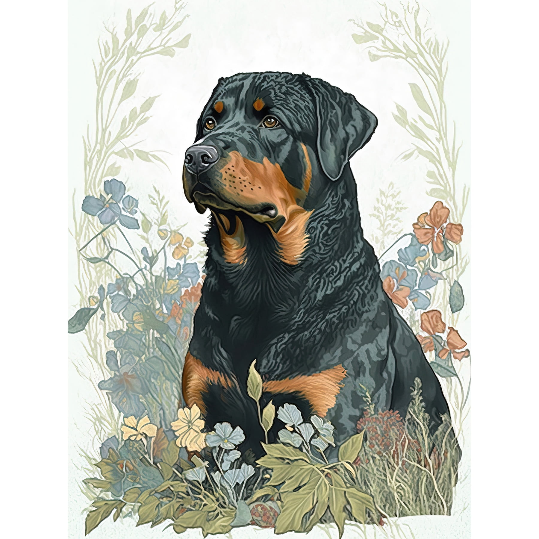 Rottweiler Dog Sitting in Flower Field Modern Watercolour Illustration ...