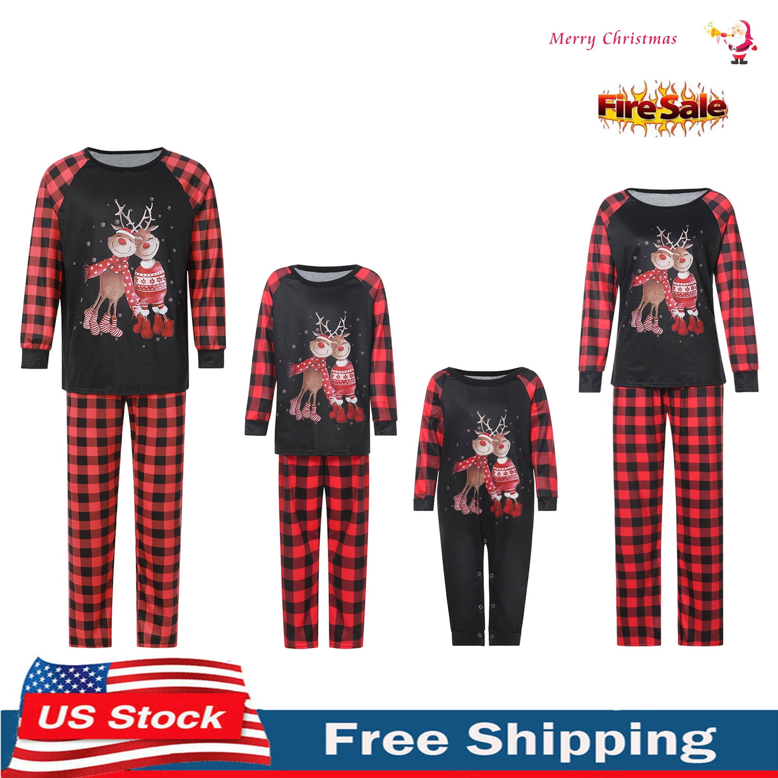 Caitzr Family Christmas Pyjamas Set Elk Tops And Plaid Bottoms Matching Sleepwear Pajamas Set For Women Men Adults Kids Xmas Nightwear
