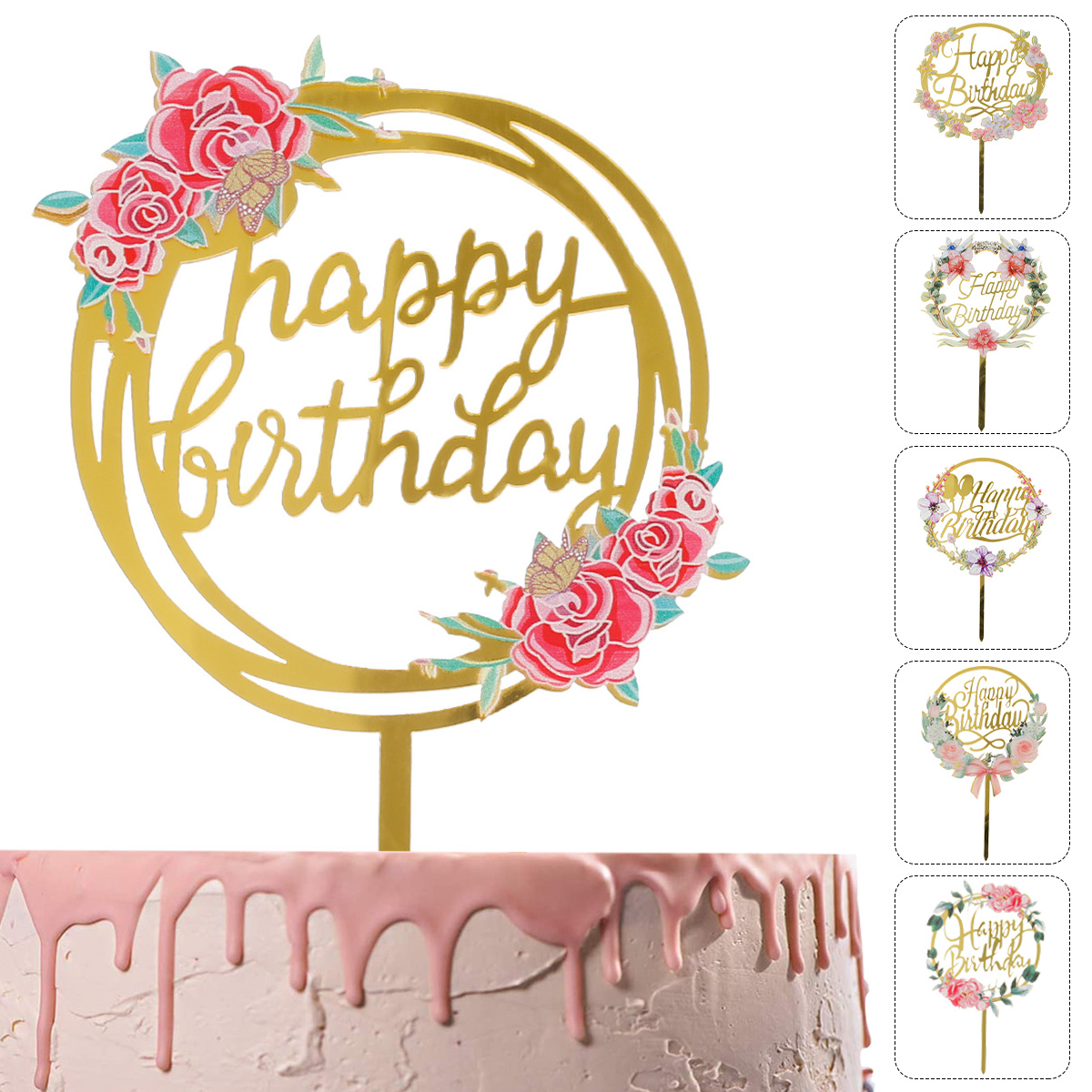 Buy Willstar Flowers Cake Toppers Acrylic Handmade Happy Birthday Cake ...