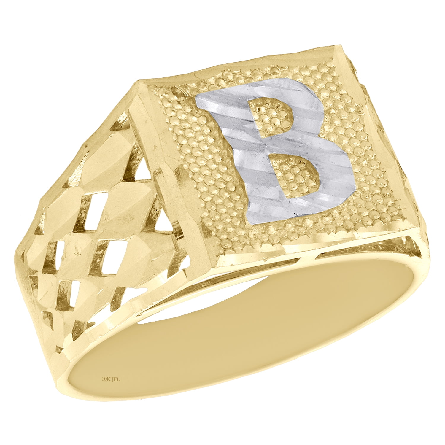 Real 10K Yellow Gold Diamond Cut Initial Letter B Statement Pinky Ring ...