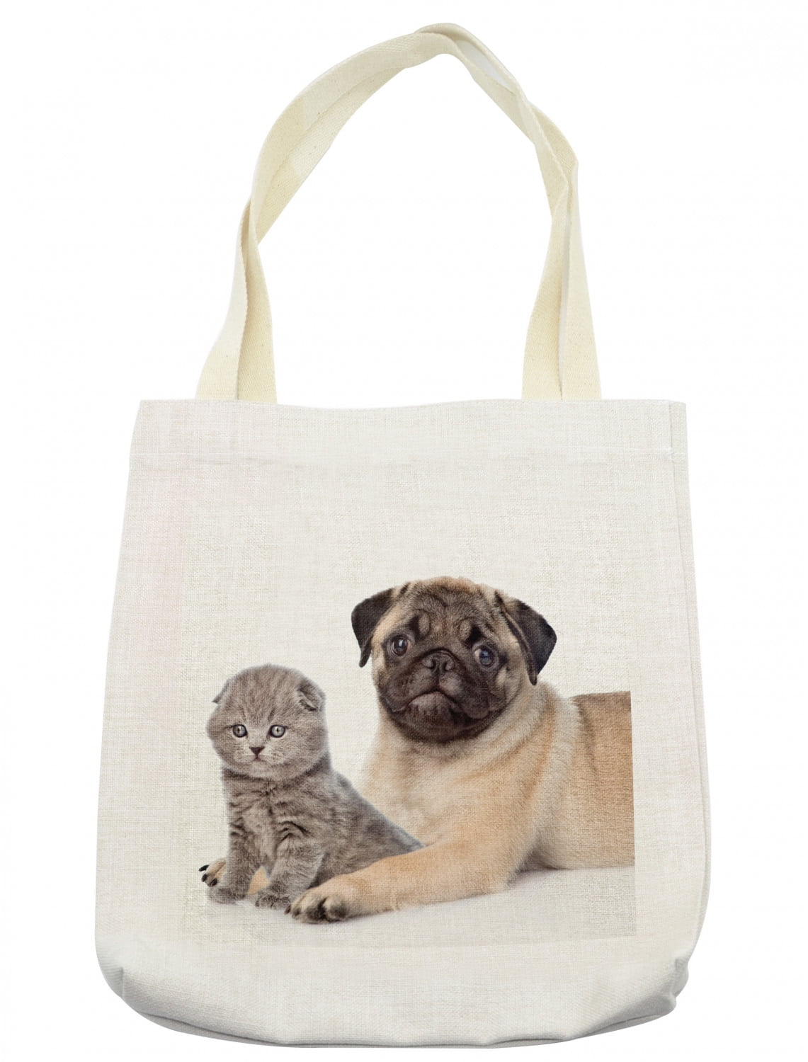 Pug Tote Bag, Young Pets Kitten and Puppy Pug Scottish Fold Animal Fun ...