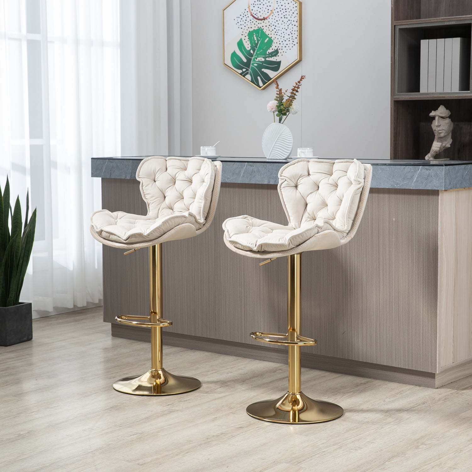 Set of 2 Bar Stools, Counter Height Bar Chairs with Round Metal Base ...